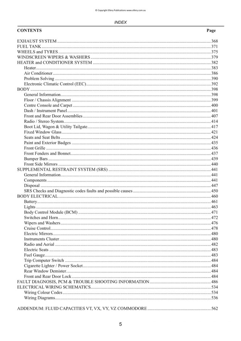 Holden Commodore VT VX VY VZ Repair Manual 1997-2007 - Ellery ...